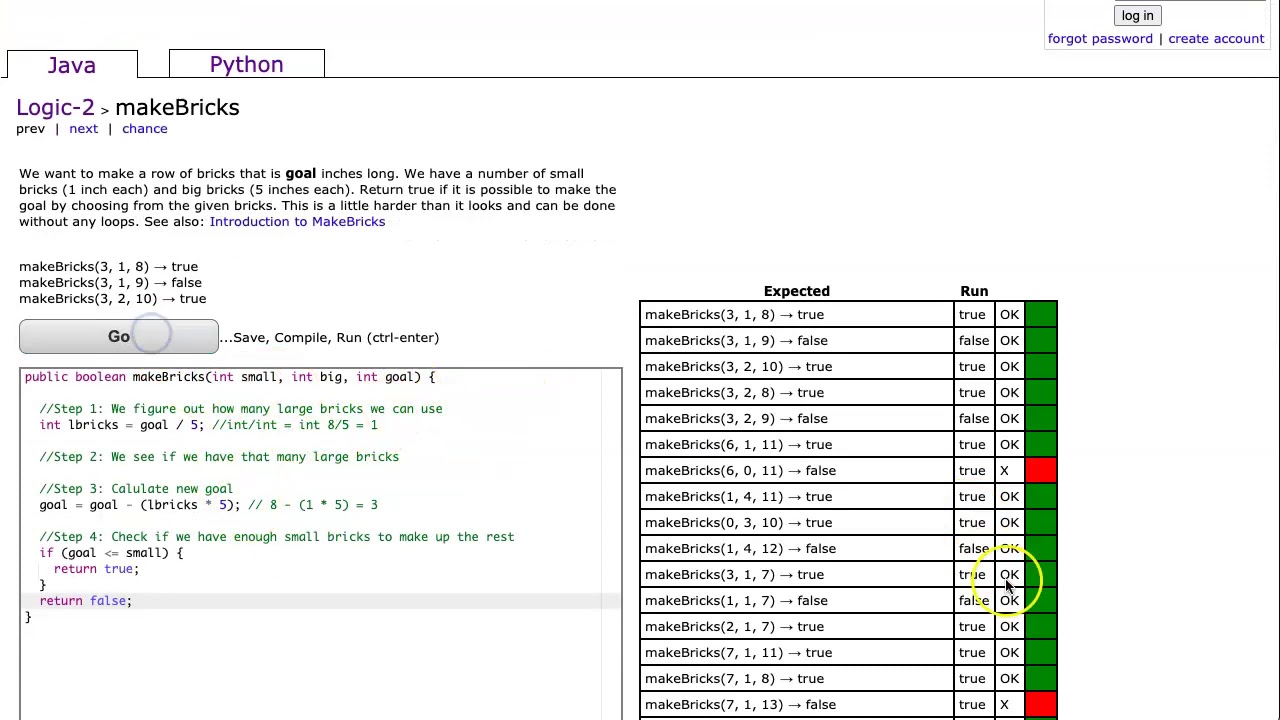 Codingbat - makeBricks (Java)