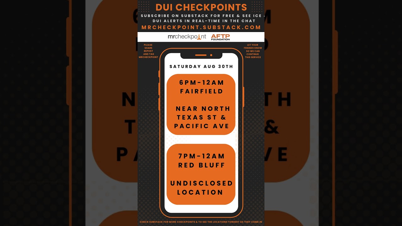 DUI Checkpoints Saturday August 30th 2025