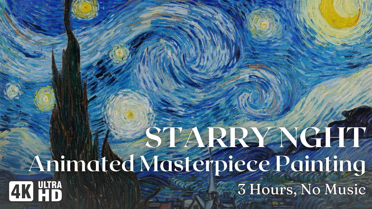 4K Vincent van Gogh Starry Night Animated Screensaver | Post Impressionism Art | 3 Hours, No Sound
