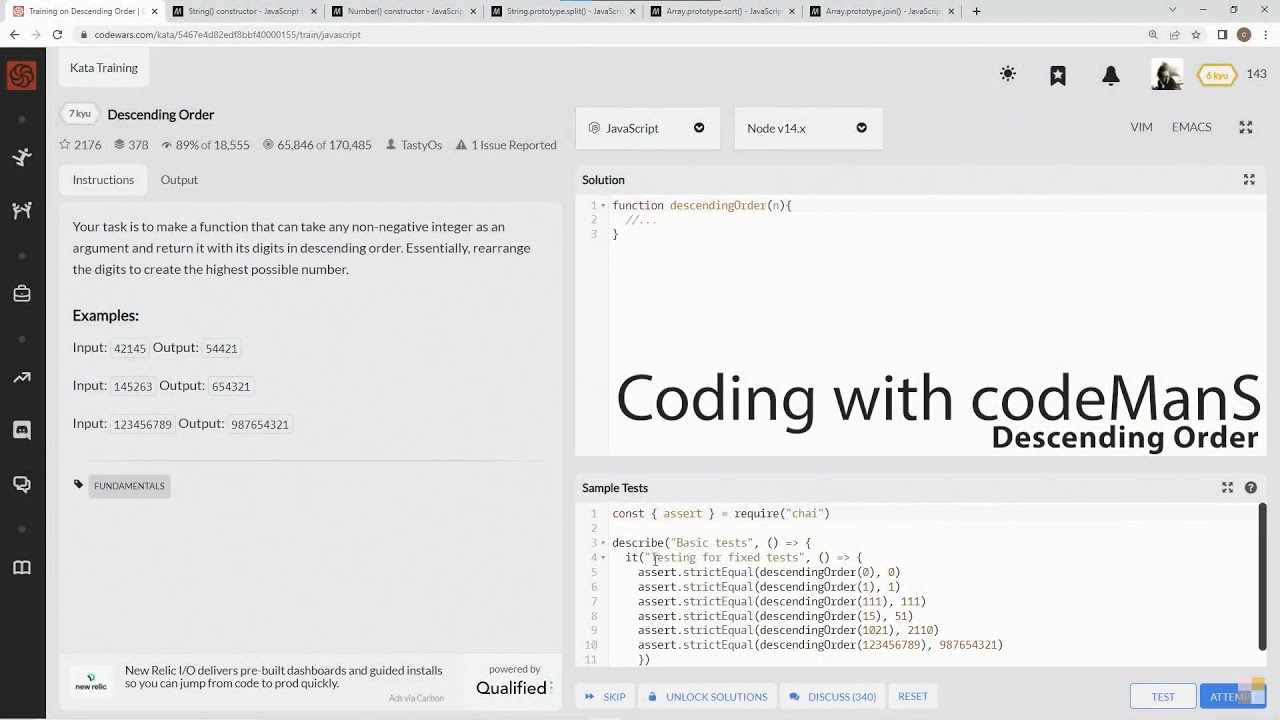 (Archived) Codewars 7 kyu Descending Order JavaScript