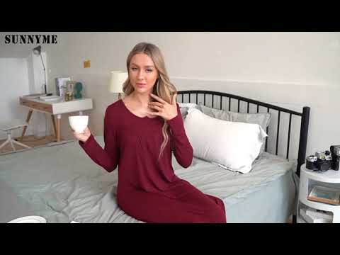 Sunnyme: Nightgowns for Women Long Sleeve Sleepshirt V-Neck Pleated Sleepwear Curve Hem Loungewear