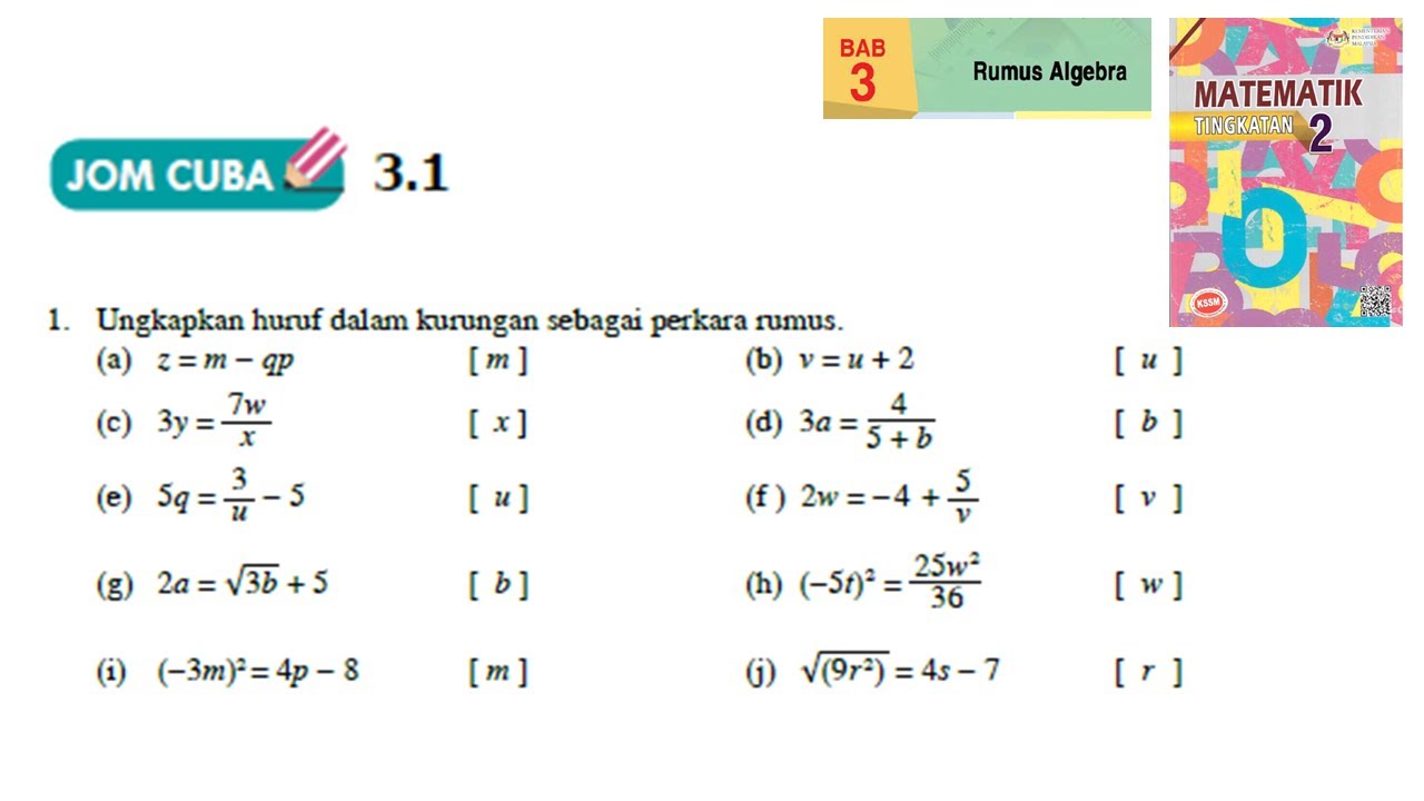 KSSM Matematik Tingkatan 2 Bab 3 rumus algebra jom cuba 3.1 no1 buku teks form2