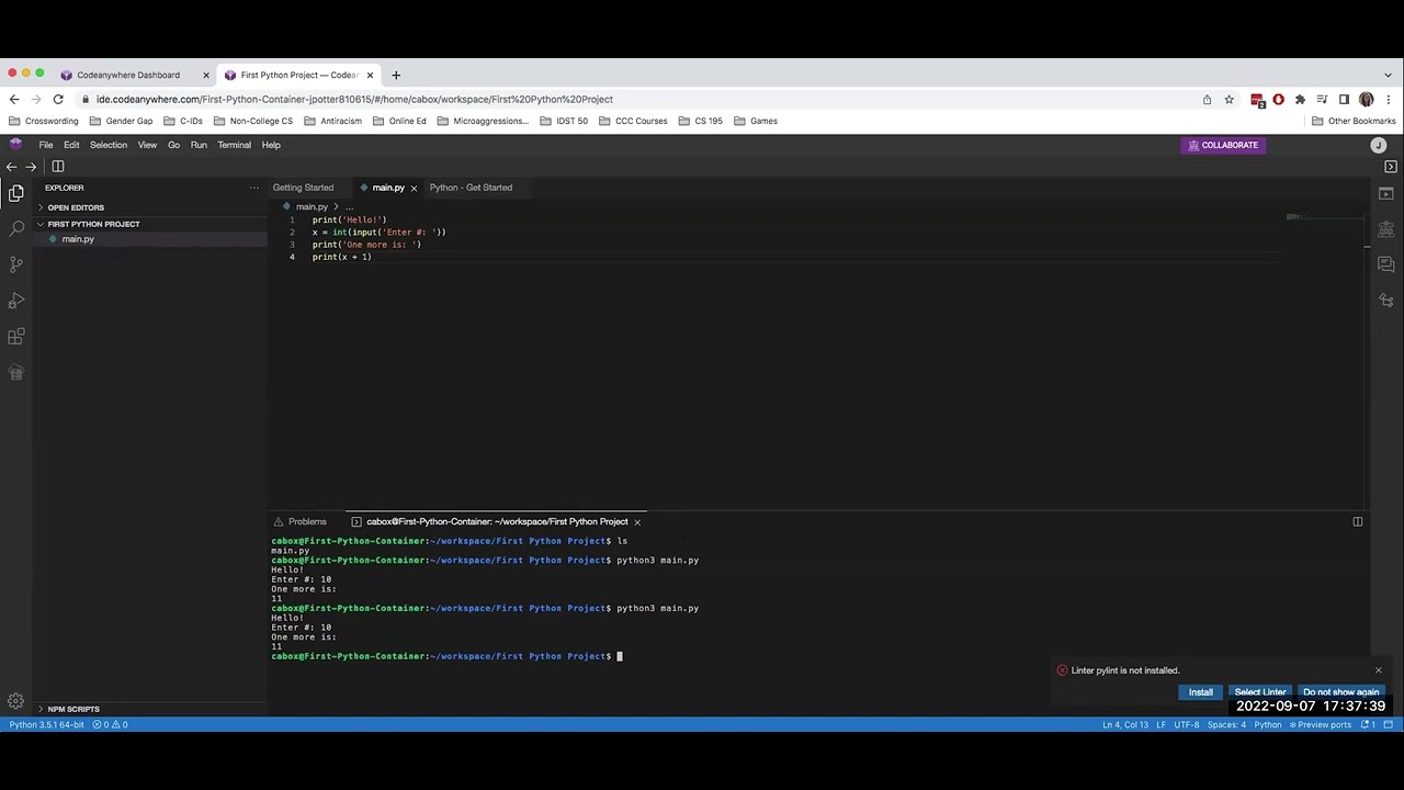 CS 131B - Create and Run Python Program in CodeAnywhere