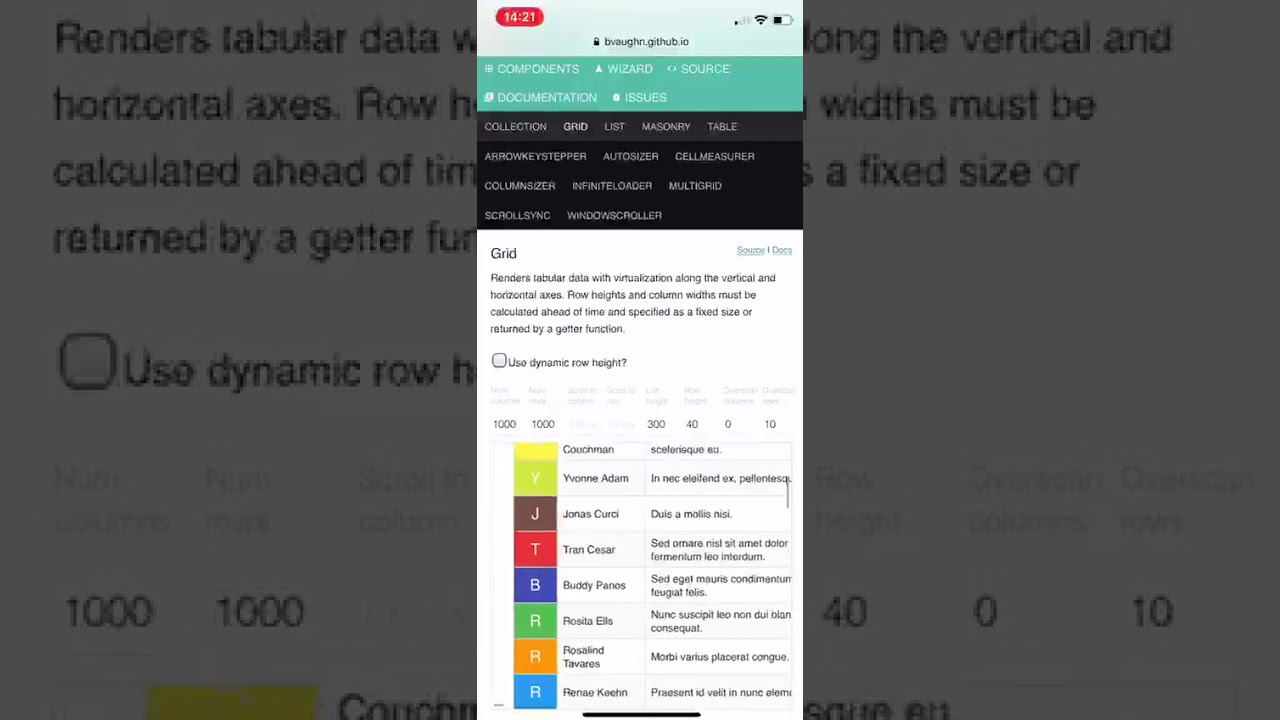 React virtualized flickering grid