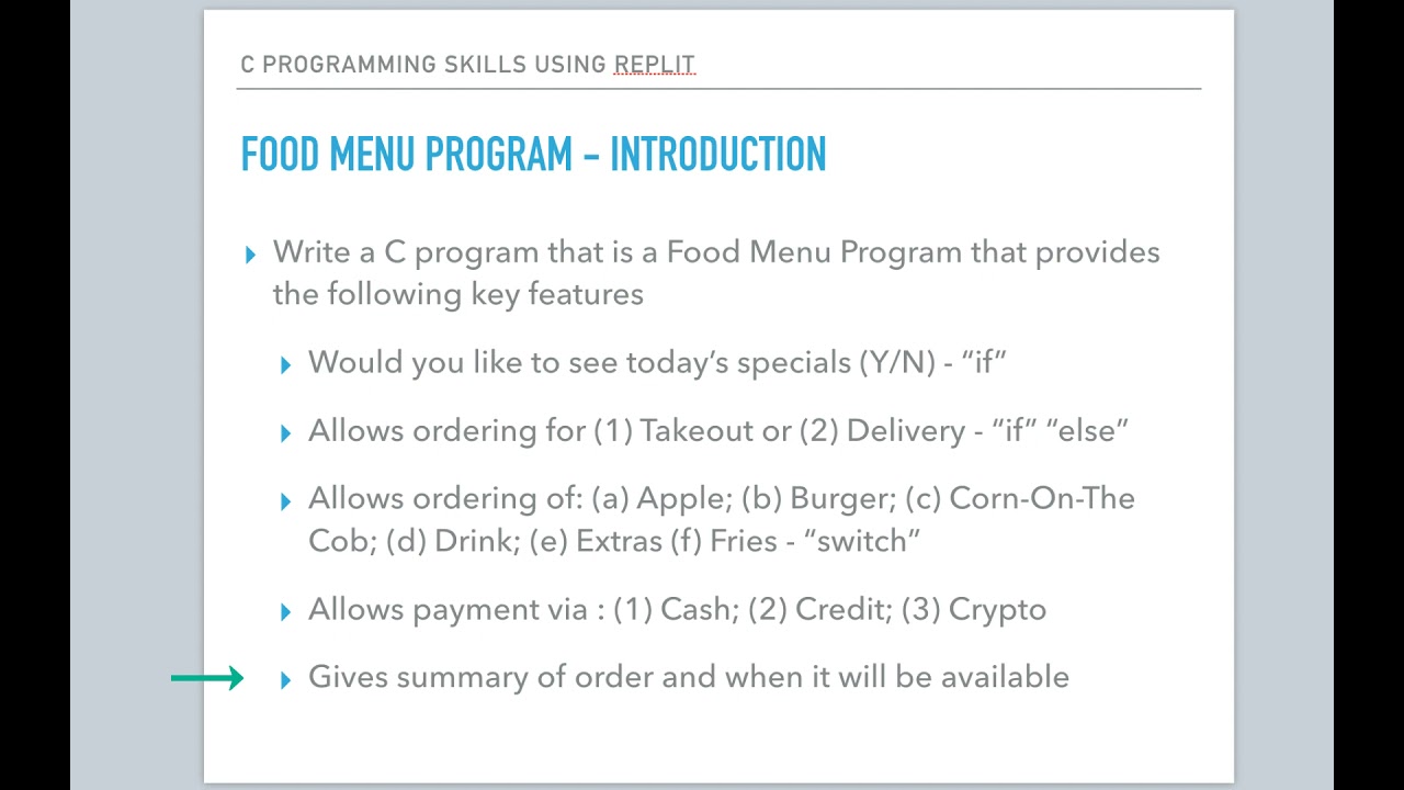 C Programming Skills Using Repit: Food Menu Program: Part 1