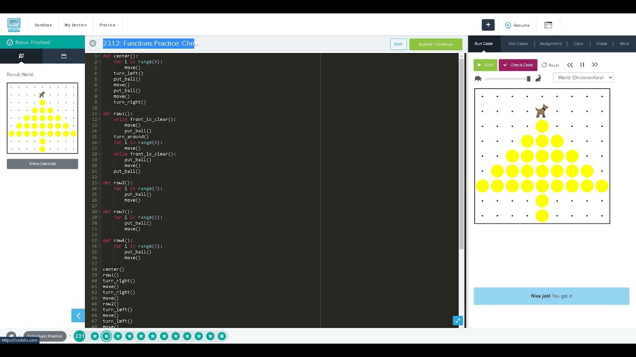 23.1.2: Functions Practice: Christmas Karel codehs python