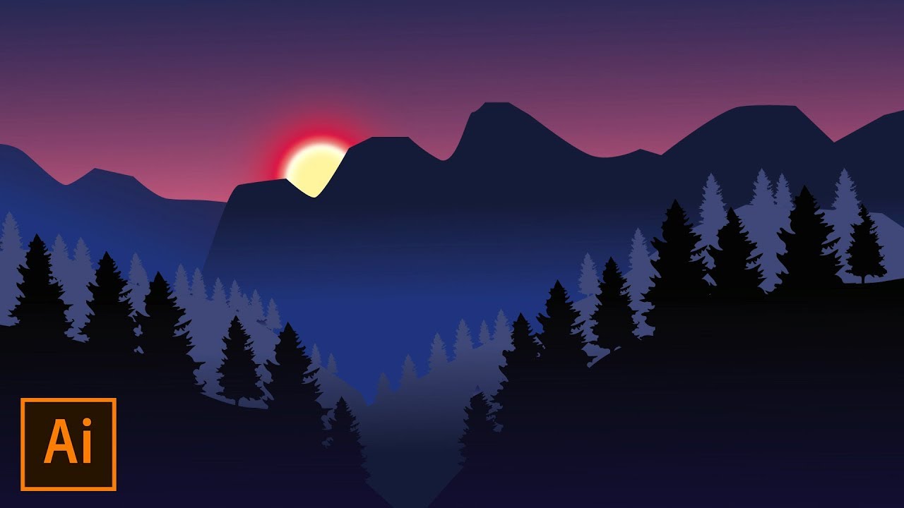 Adobe Illustrator Tutorial | Morning Mist Mountain Landscape | Flat Design Tutorial