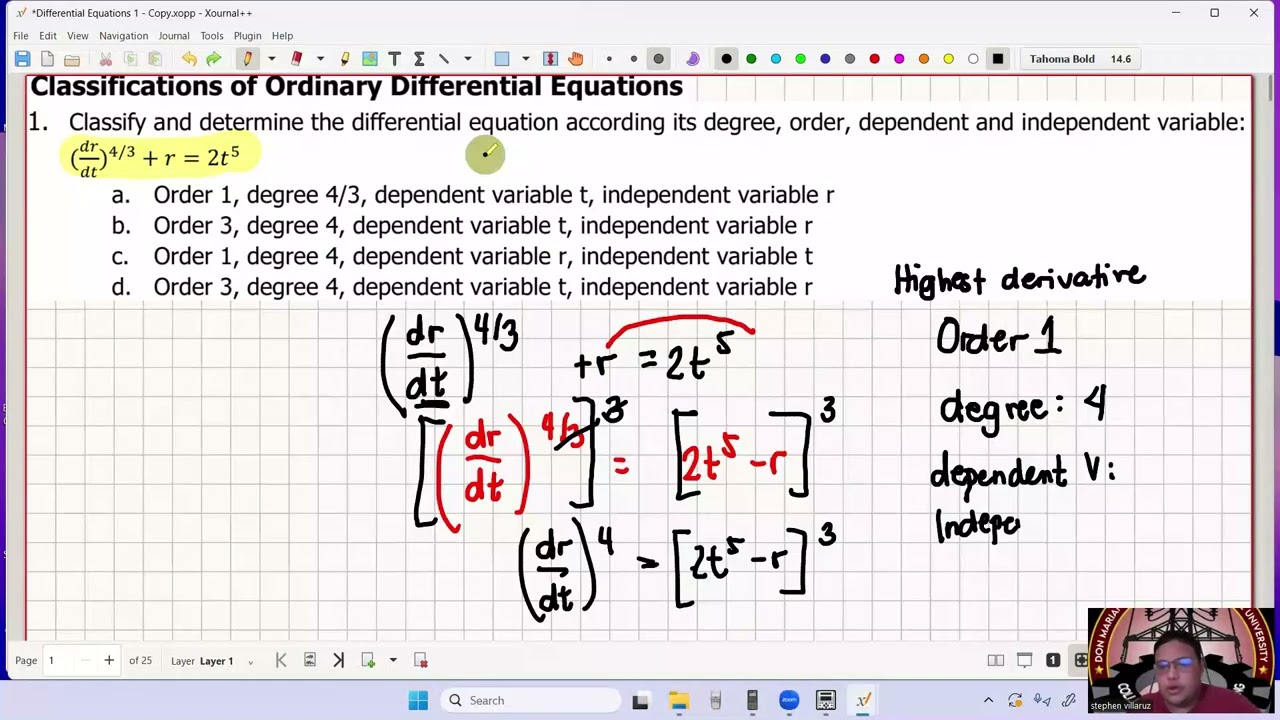 Mathematics Lecture 7 Part 1: Differential Equations (Classification, Solution of ODE, Applications)