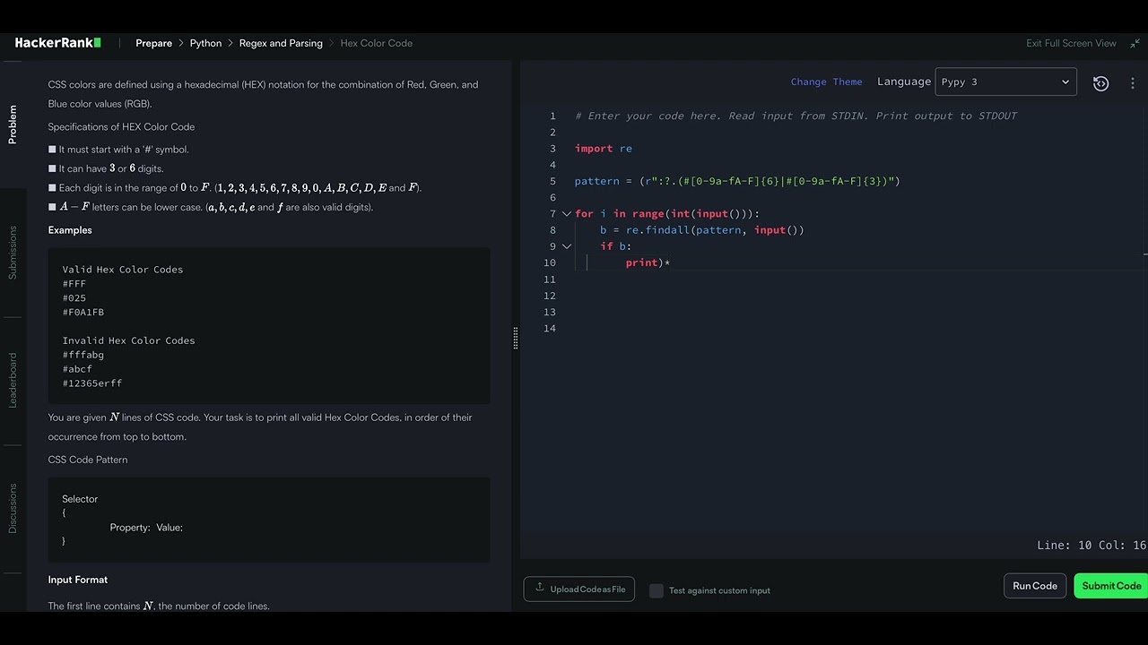 Hackerrank Python Solution #10 Regex and Parsing - Hex Color Code