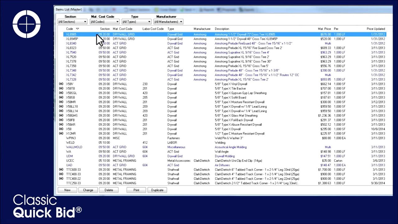 Quick Bid : Master Database – Items