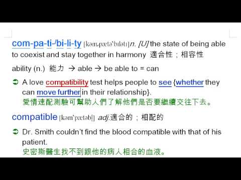 compatibility: compatibility n. [U] 適合性；相容性；和睦相處, compatible adj. 適合的 ...