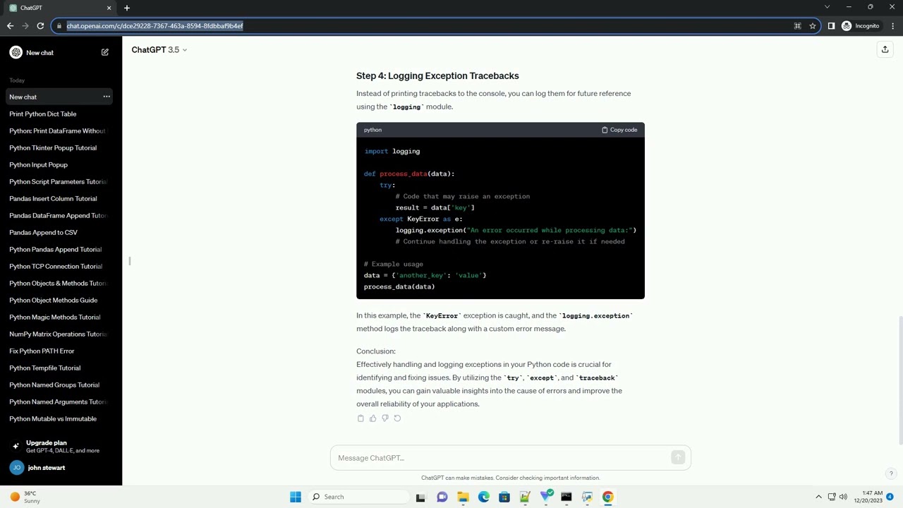 python print exception trace