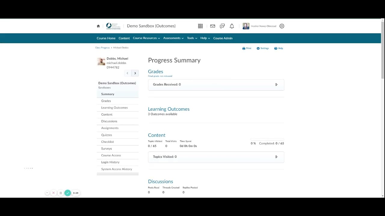 Viewing Learning Outcomes Progress in a Brightspace Class