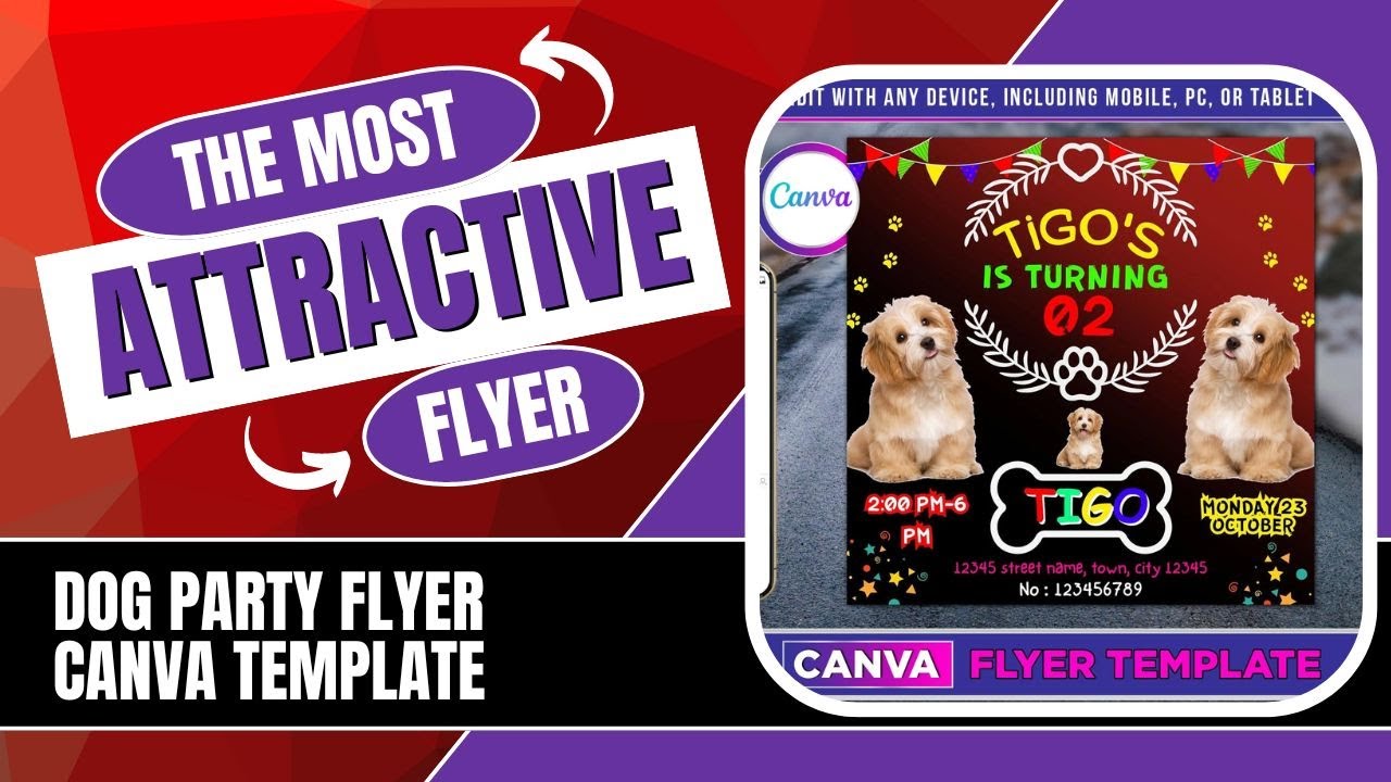 Dog Party Flyer, Canva Template.