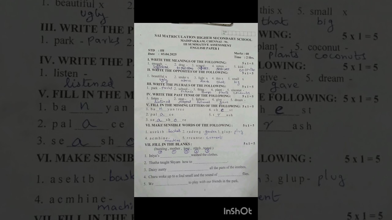 3rd std Term 3 English I Annual exam question paper 2025