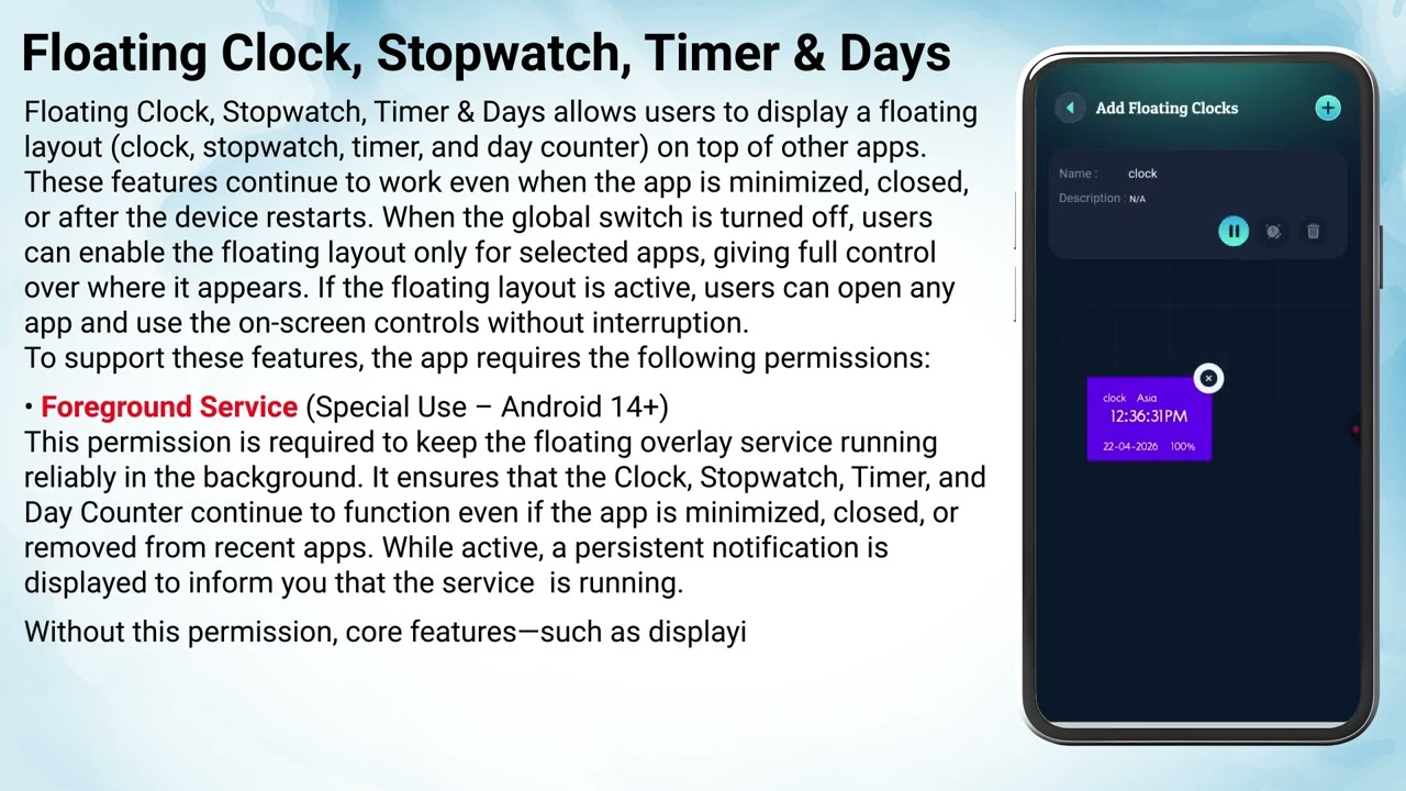Floating Clock Stop Watch Timer Foreground Service