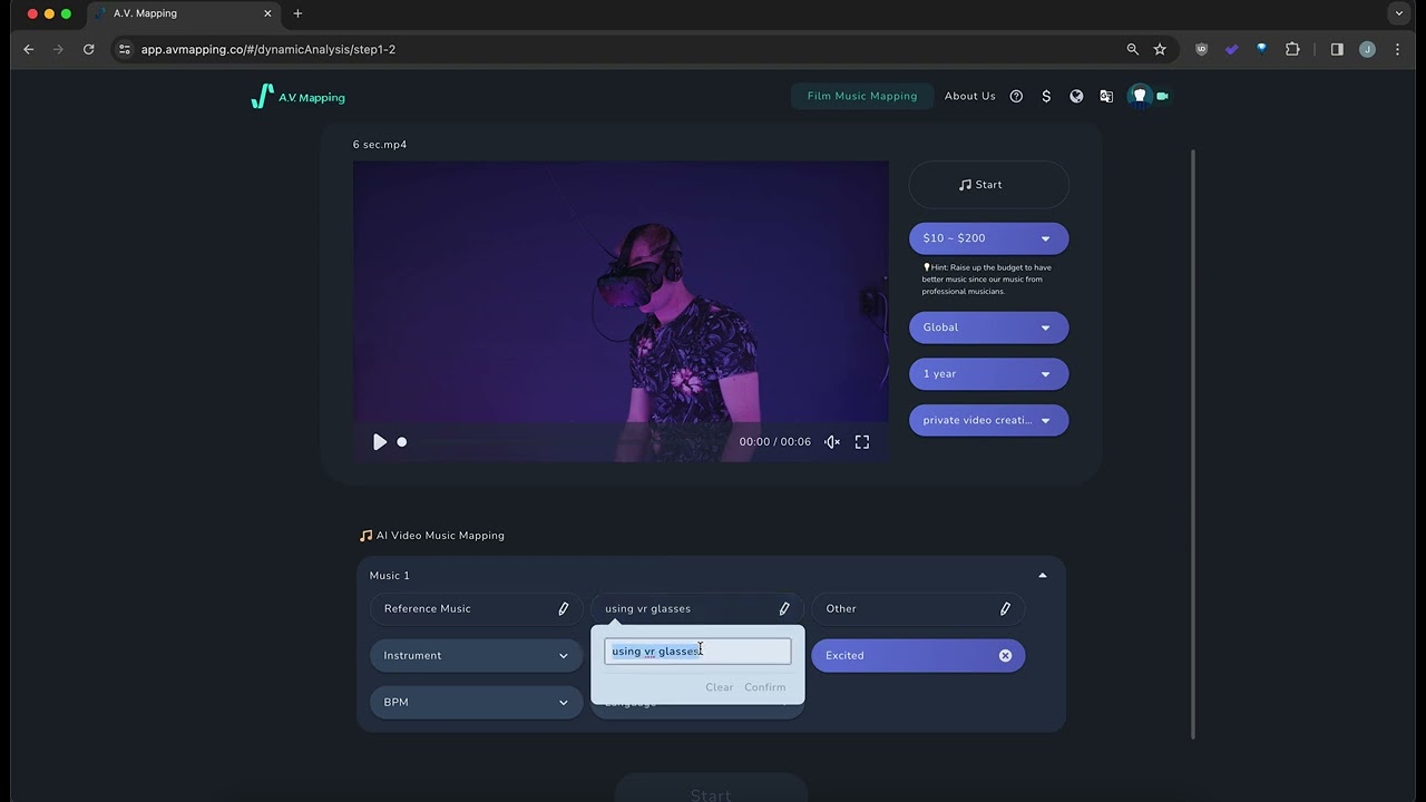 How do I use the A.V. Mapping platform to find music/SFX for my video?