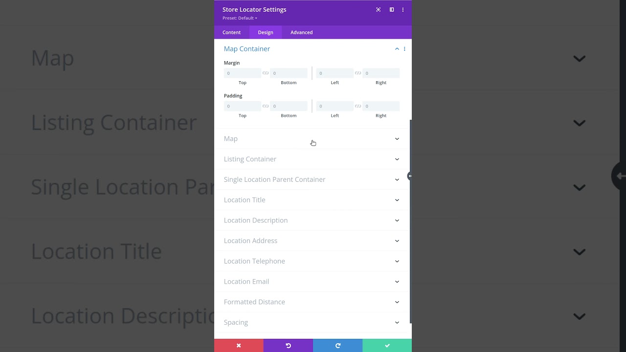 Map Container (Design Tab) - Divi Store Locator Module Settings
