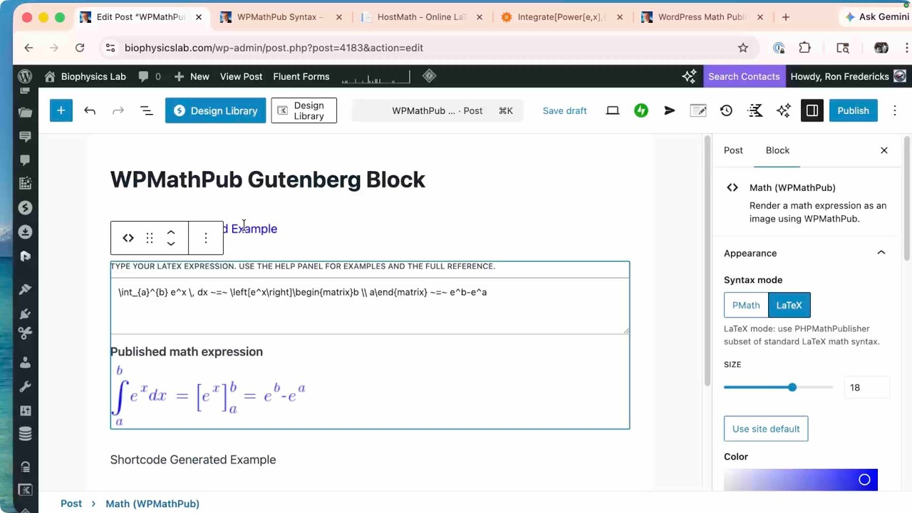 WPMathPub WordPress Plugin: How to use the Gutenberg Block