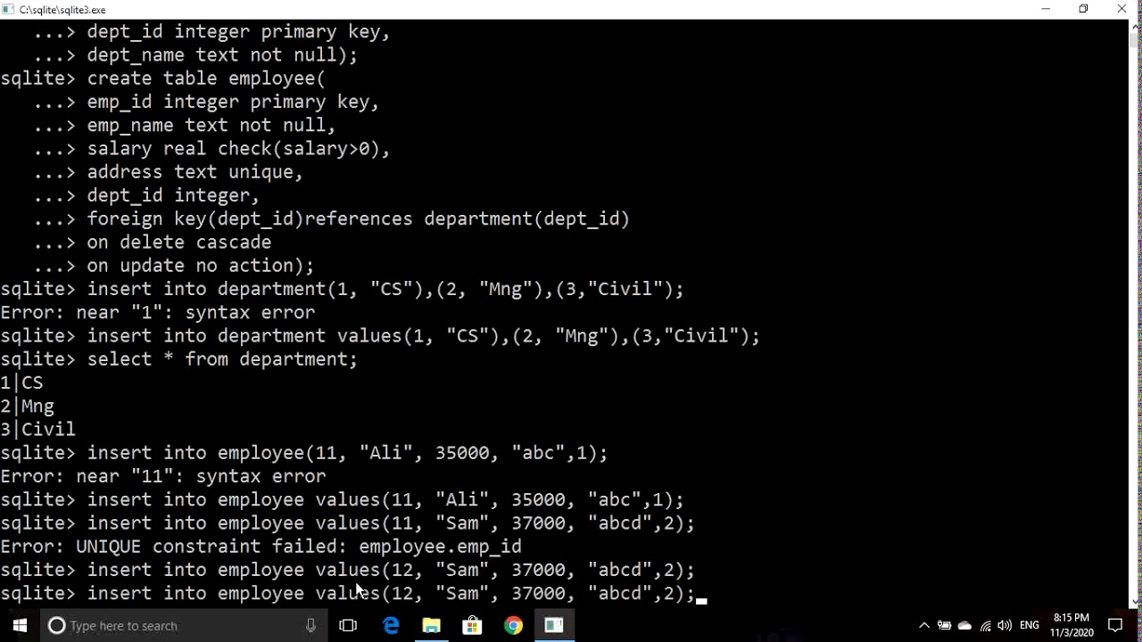 Creating new tables in Sqlite( ddl practice)