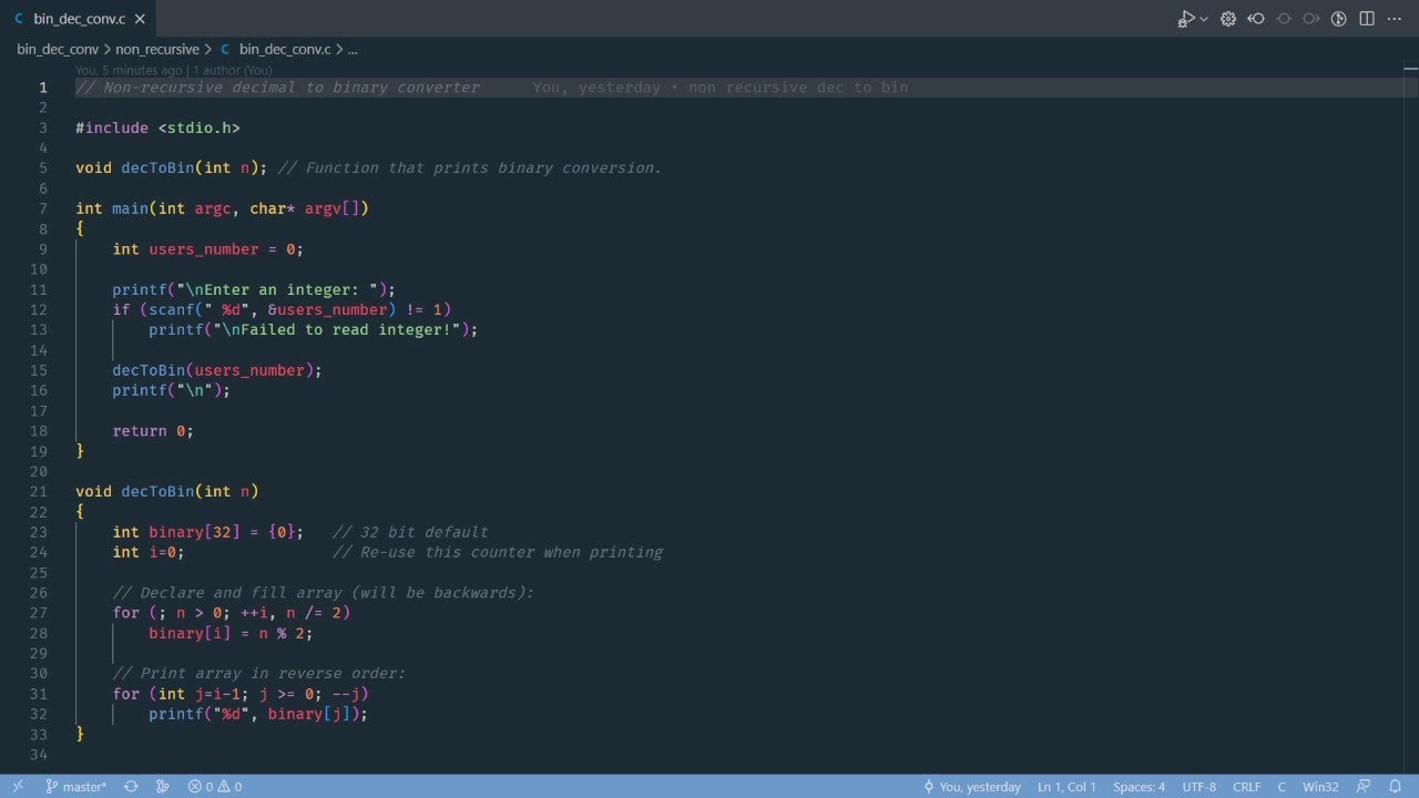 C: Decimal to binary conversion with non-recursive function.