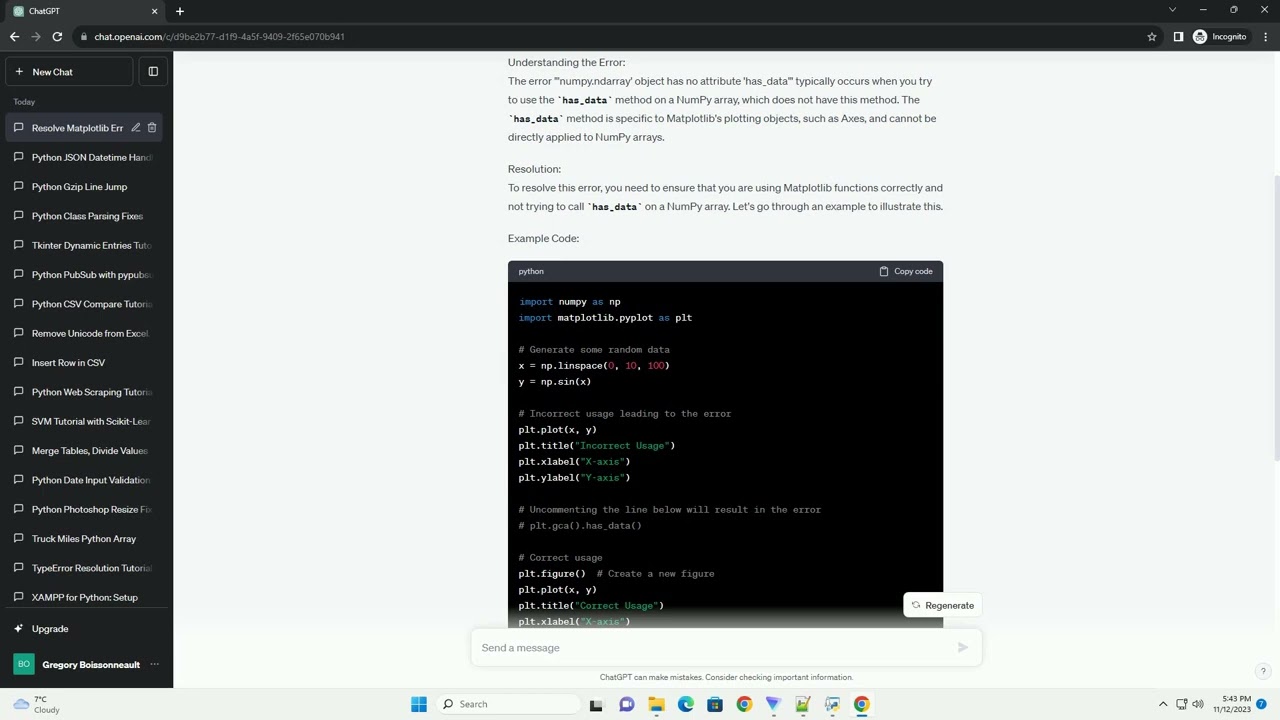 Python matplotlib numpy ndarray object has no attribute has data
