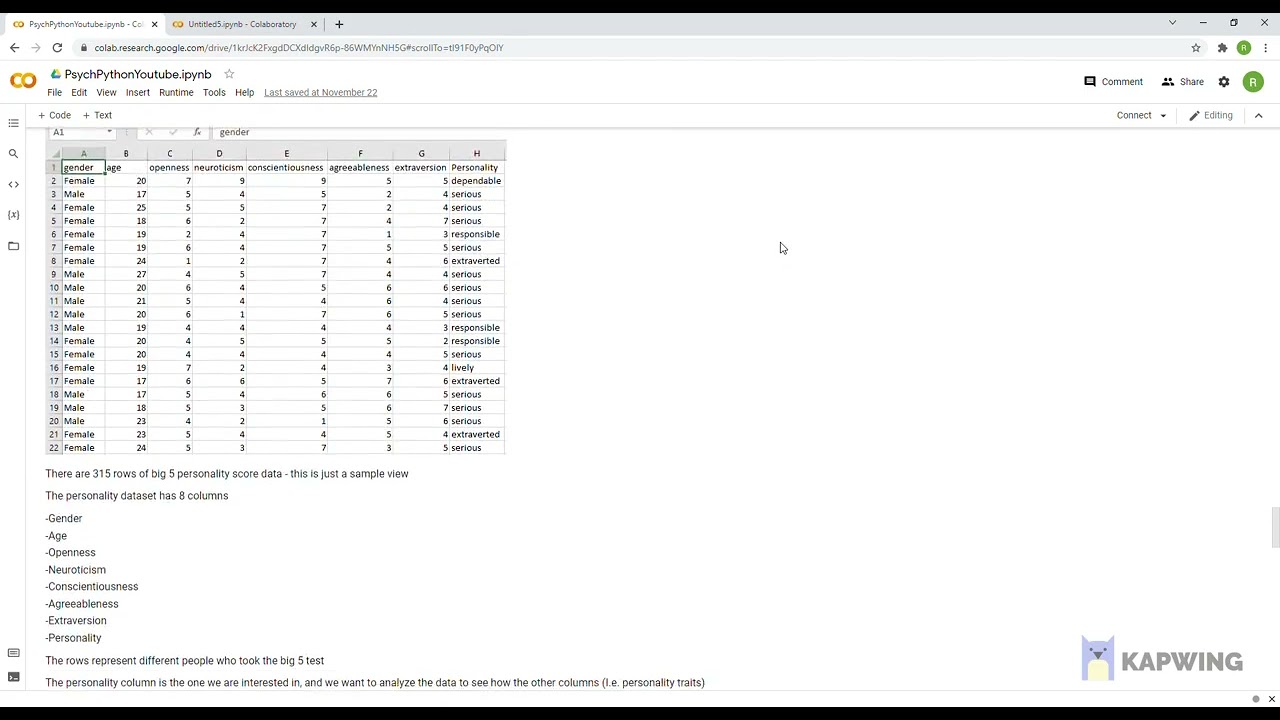 Psych Big 5 Personality test Column Descriptions w Sound