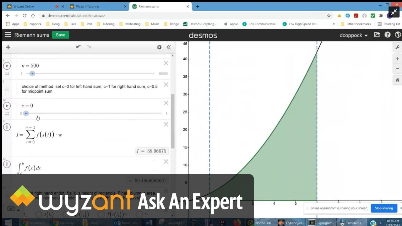 Use Desmos to calculate Riemann Sum for a given function, a and b, and number of rectangles.