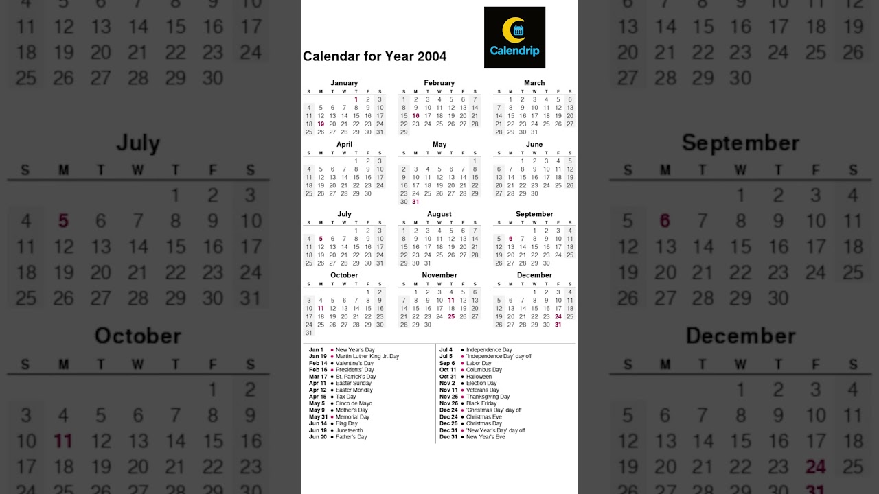 Calendar 2004 #monthsoftheyear #2004