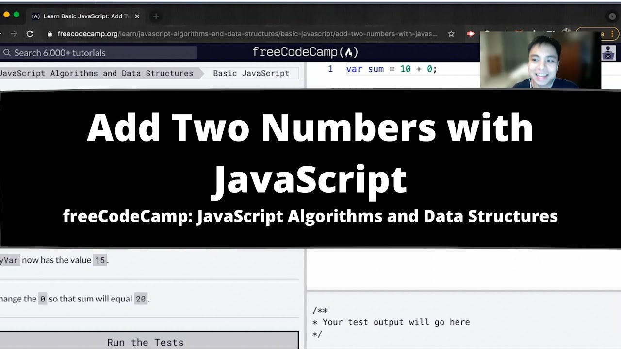 Add Two Numbers with JavaScript (Basic JavaScript) freeCodeCamp tutorial