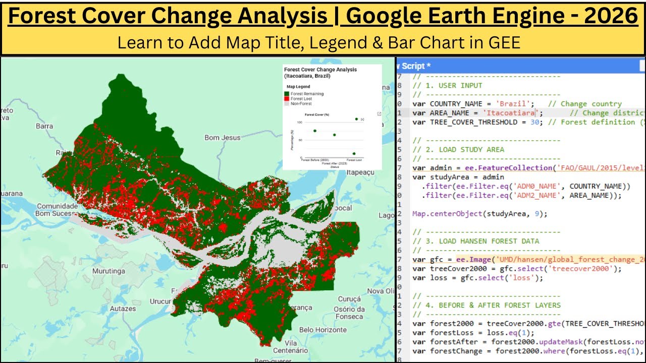 Forest Cover Change Analysis | Google Earth Engine | Map, Legend & Bar Chart