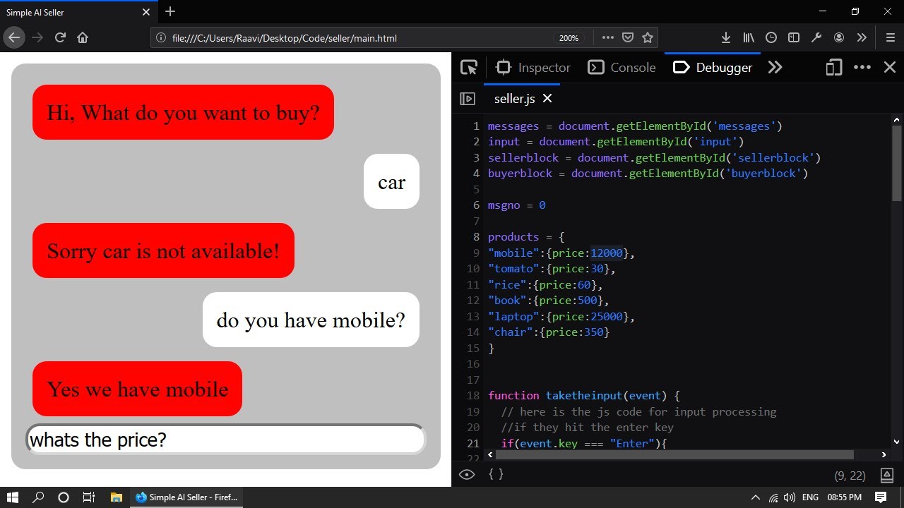 l tried to create AI Chatbot using HTML and it works with JavaScript (Classic AI project)