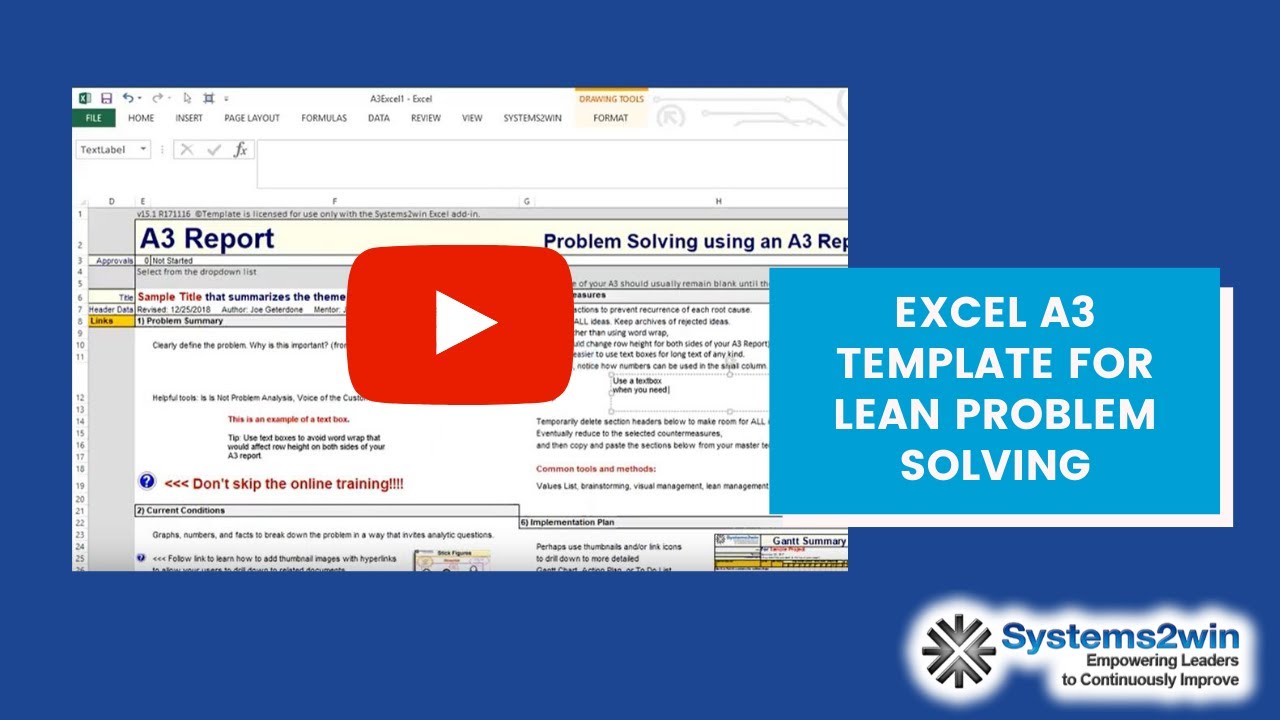 Excel A3 template for lean problem solving