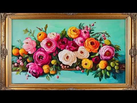 Vintage Vibrant Floral Bouquet Art | Gold Frame TV Screensaver for TV Wallpaper