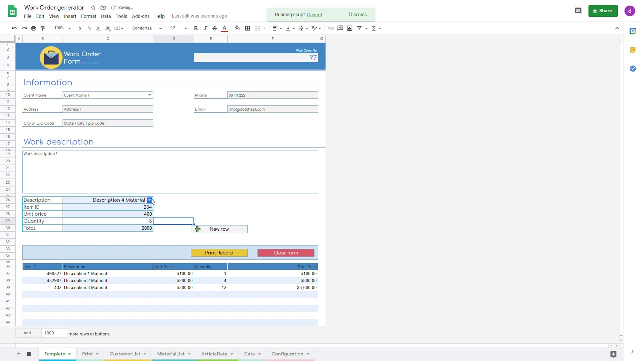 Work Order Form Template for Google Sheets