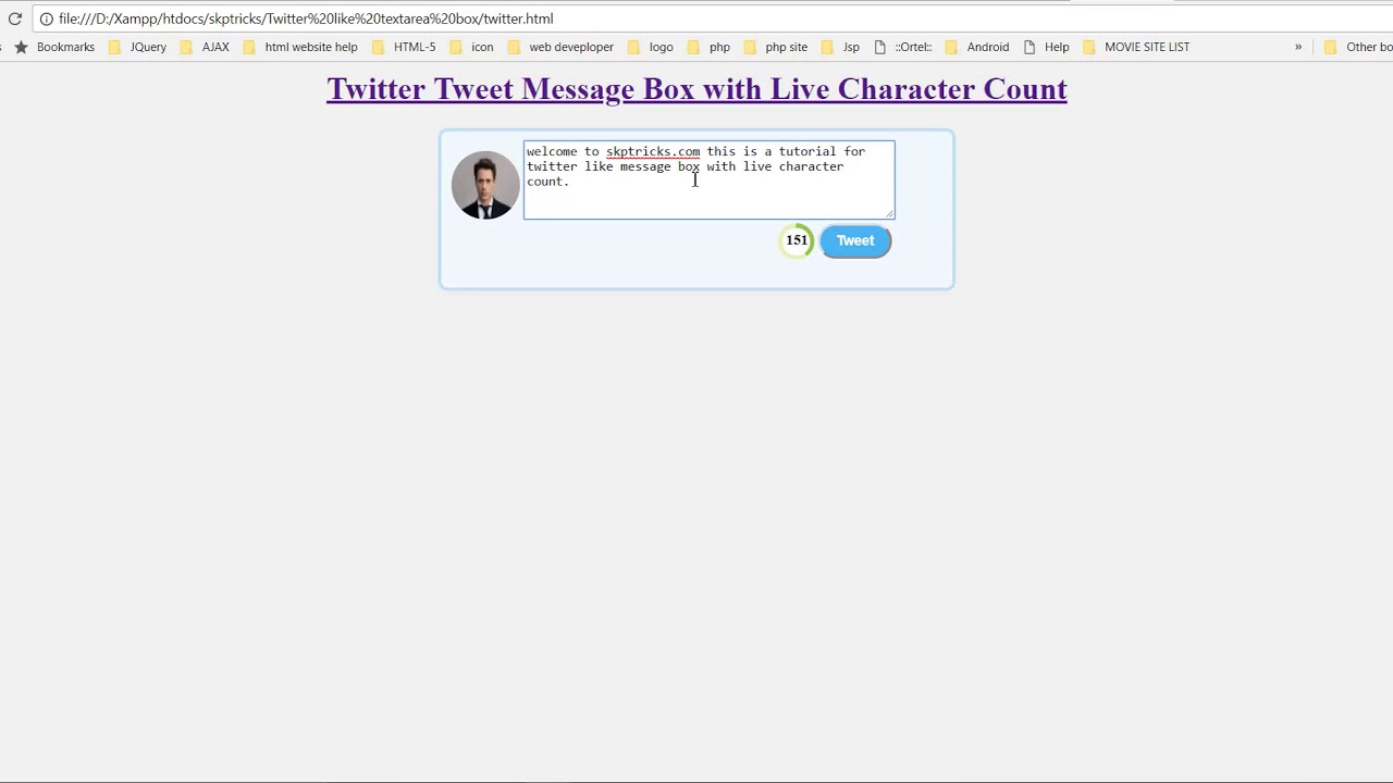 Twitter Like Message Box With Live Character Count using HTML, Jquery and CSS
