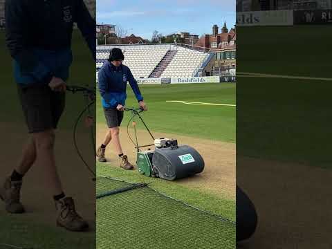 Cutting of a Cricket Pitch using a llyolds Paladin set at 7 mm #groundsman #cricket #mowing #turf