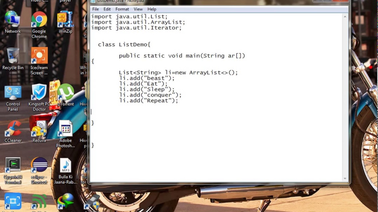 java List collection Program in notepad - ArrayList