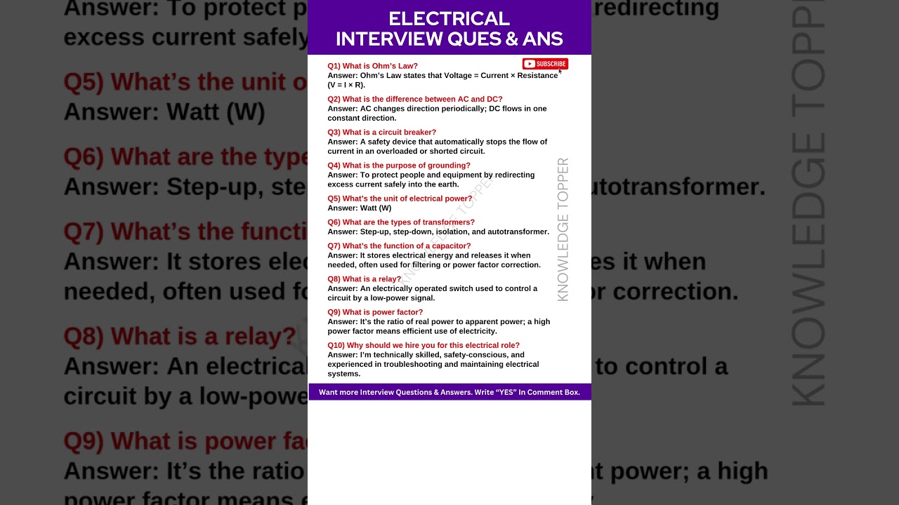 Electrical Interview Questions and Answers | Electrical Engineer Interview Questions and Answers