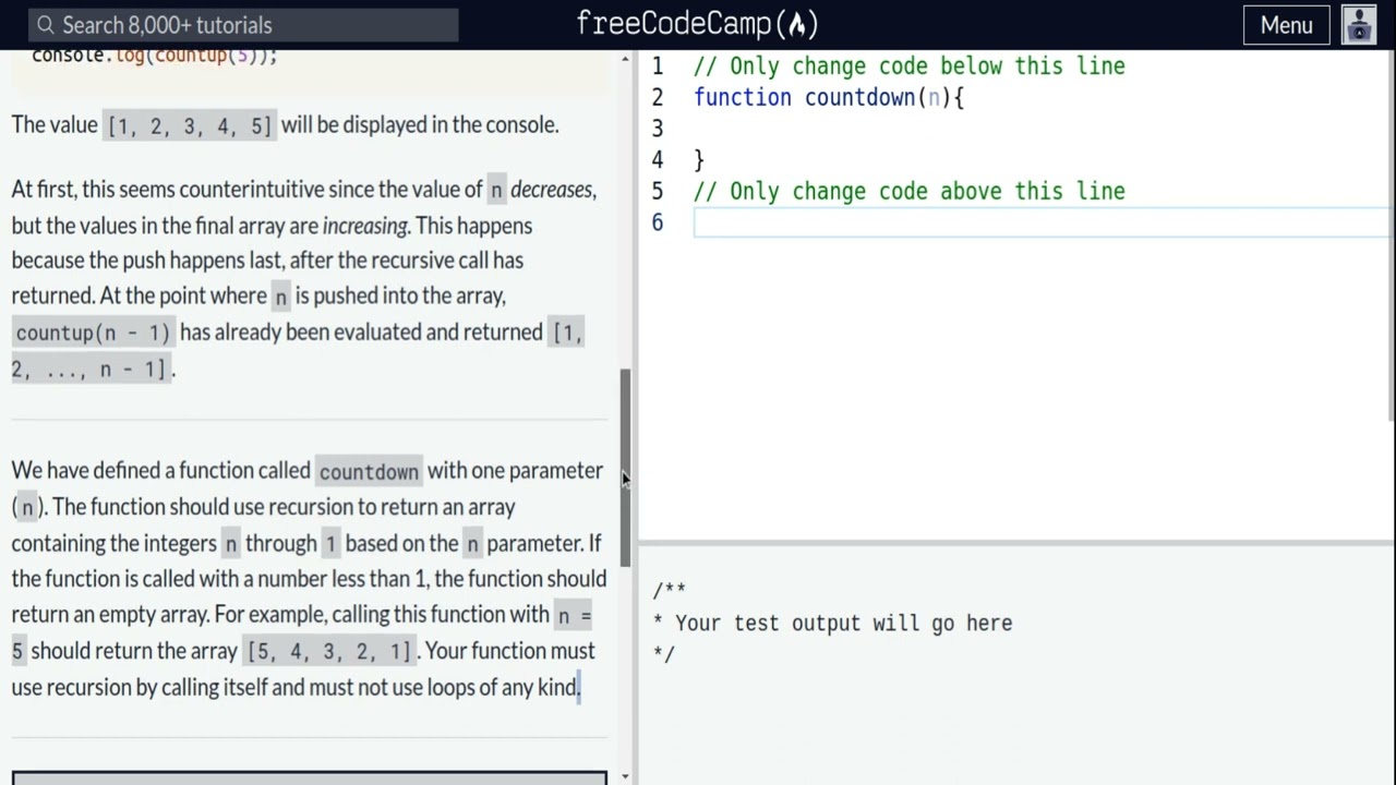 Lesson 112 | Basic JavaScript | Use Recursion to Create a Countdown