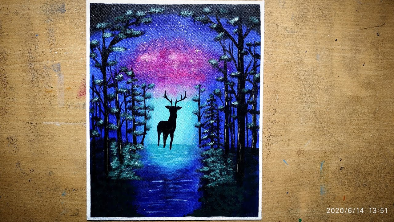 Easy Beginners Tutorial Autumn Forest Landscape with Deer Silhouette Painting|| Autumn Forest painti