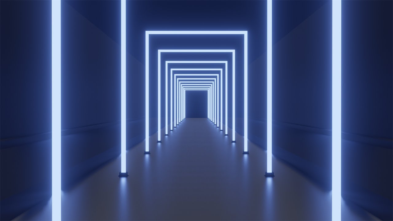 Neon tunnel of square blue frames on a black background. Reflective floor. Loop | 10 minutes