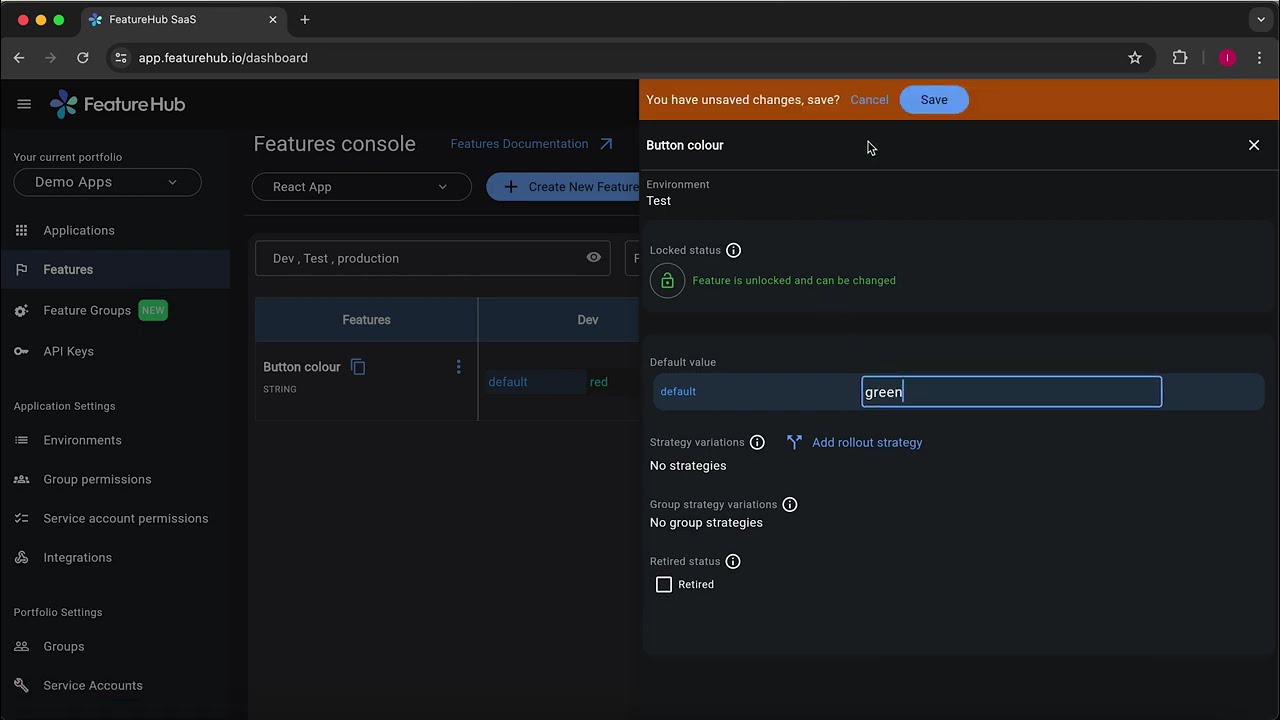 FeatureHub.io - Adding application, environments and setting up a feature of 