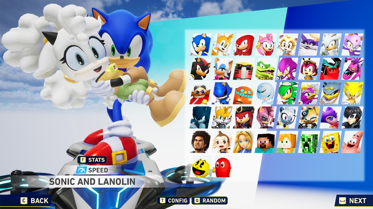 Sonic is Holding Lanolin the Sheep at his hands in Sonic Racing Crossworlds!