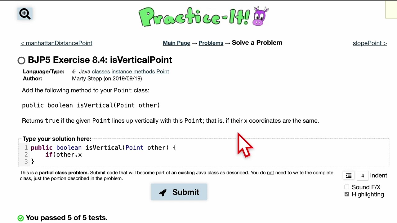 Java Practice It | Exercise 8.4 isVerticalPoint | classes, instance methods, Point