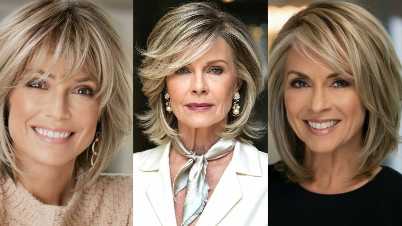 Layred BoB haircuts for women over 50:Textured Blond shag bob.