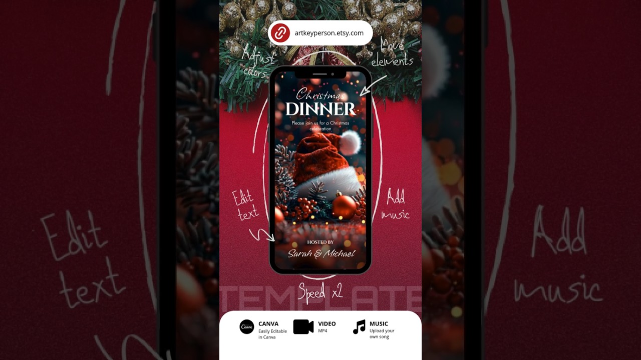 Animated Digital Christmas Invitation, Santa Hat Party Invie, Editable Elegant Winter Evite Template