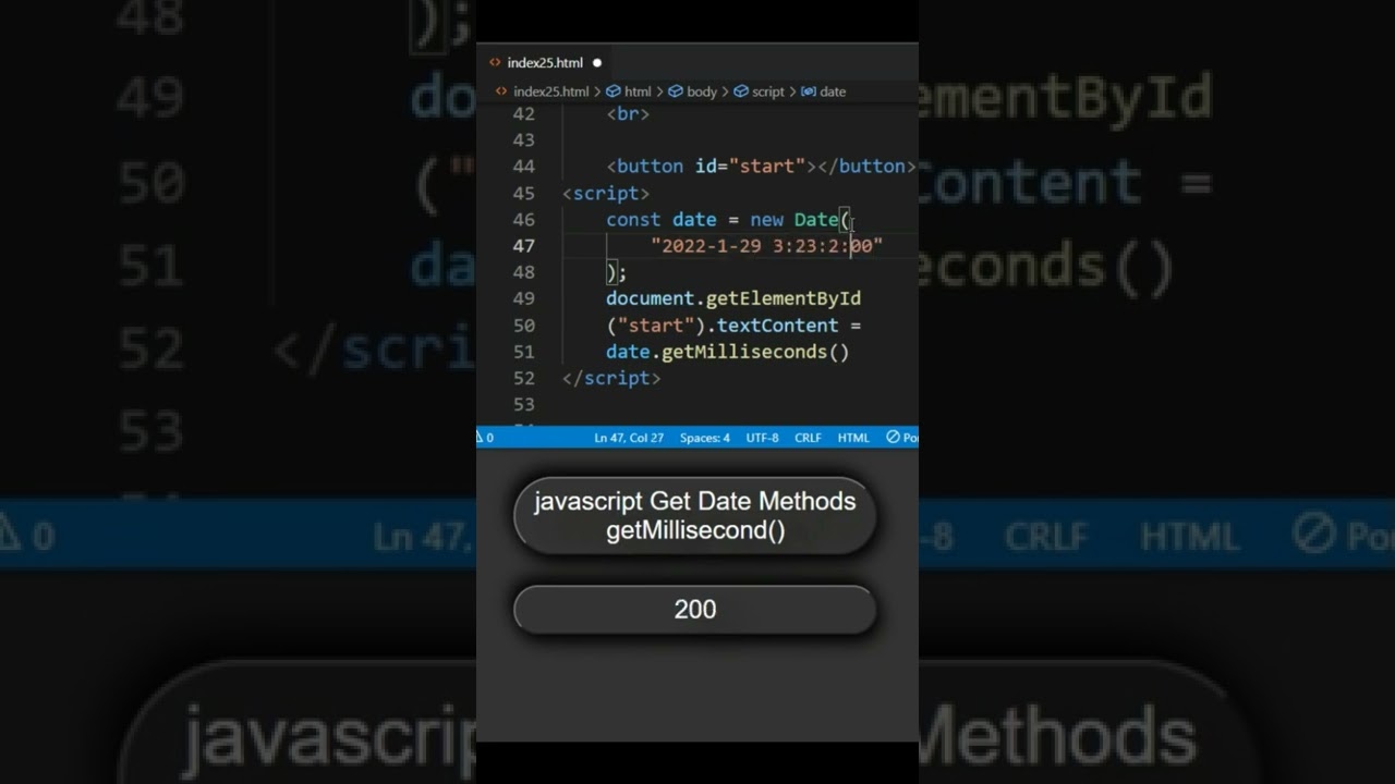 JavaScript Date Method getMilliseconds() #shorts #html