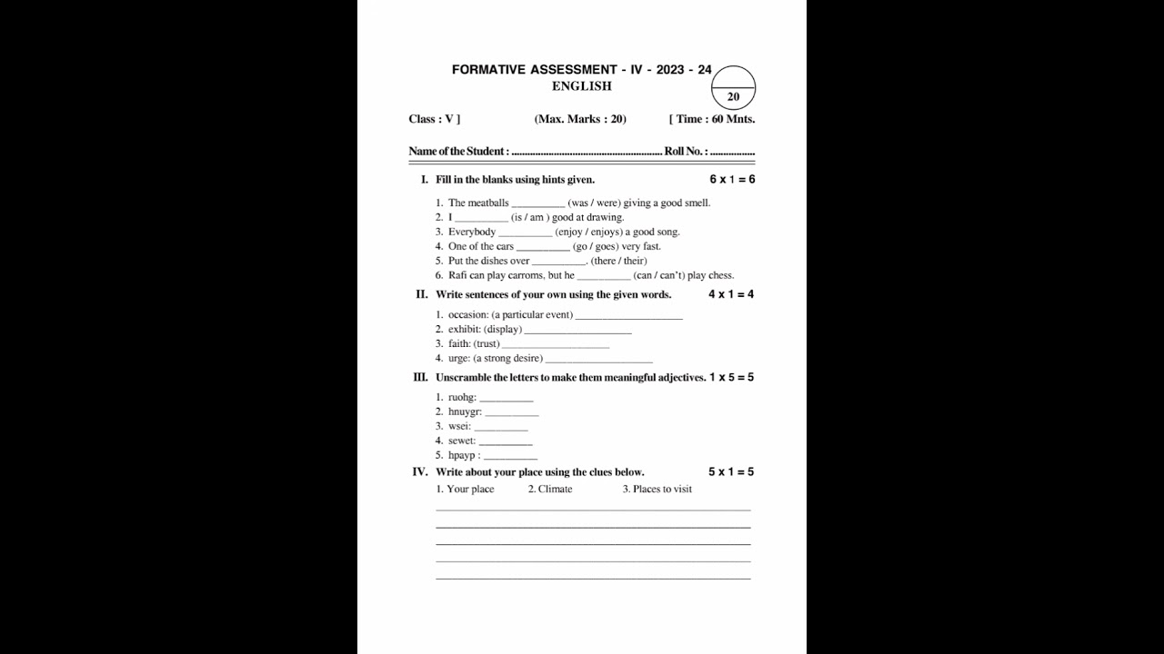 5th class FA4 English question paper 2023-2024