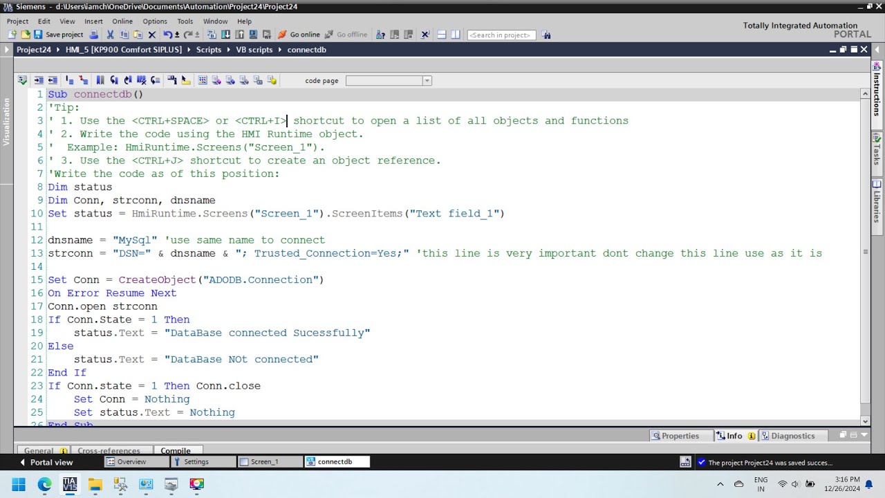 Configuring a MSSQL Database Connection with Vbscript in wincc | connect sql data base with vbscript